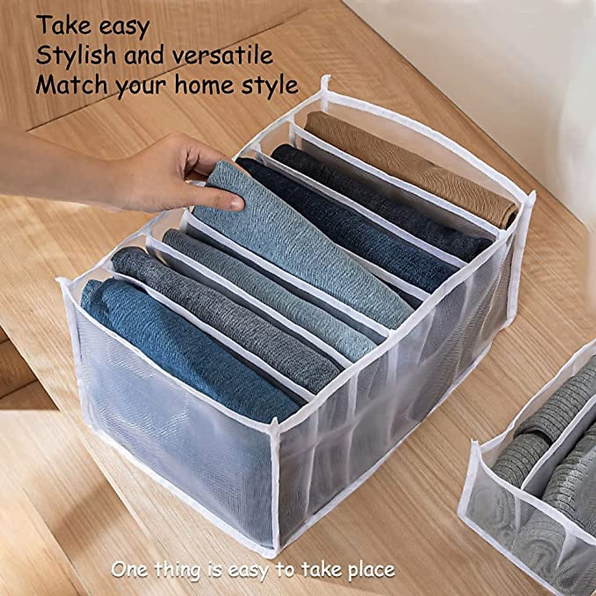 MSJJ 2PCS Wardrobe Clothes Organizer, 7 Grid Jeans + T-Shirt Compartment Storage Box, Foldable Portable Cupboard Drawers Organiser for T-Shirt, Jeans (White)
