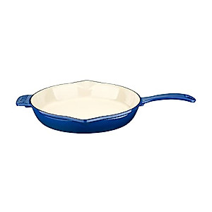 Lava Enameled Cast Iron Ceramic Skillet with Side Drip Spouts - 11 inch Round Frying Pan with White Ceramic Enamel Coated Interior - Edition Series (Blue)