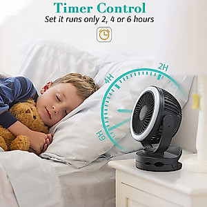 SLENPET 10000mAh Rechargeable Clip on Fan with Light, 40H Working Time, 360°Rotatation, 4 Speeds Adjustment, 2-6H Three Levels Time Setting, Portable Camping Fan with Hanging Hook Desk Fan (Black)