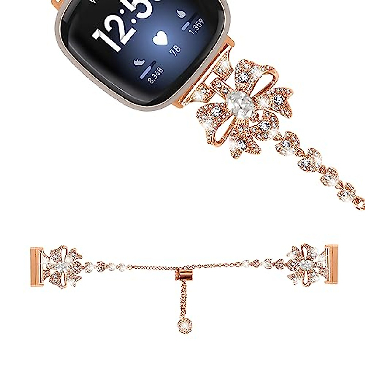 Metal Bands Compatible with Fitbit Versa 4 Smart Watch Band for Women,Blingbling Rhinestones Strap Replacement Butterfly-shaped Bracelet for Versa 4 Accessories (Rose gold)