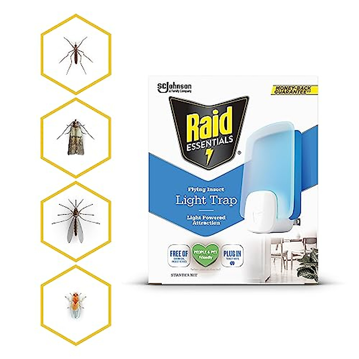 Raid Essentials Flying Insect Light Trap Starter Kit, 2 Plug-In Devices + 2 Cartridges, Featuring Light Powered Attraction