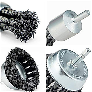 TILAX 3 Inch Wire Cup Brush End Brush Set 3 Piece, Wire Brush for Drill 1/4 Inch Hex Shank Arbor 0.012" Brass Coated Crimped and 0.019" Carbon Steel Knotted Wire Brush, for Drill Attachment
