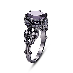 Narica Black Gold Plated Antique Gothic Skull Bone Ring Retro Oxidized Finished Round Cut Created Black Spinel CZ Cubic Zirconia Filled Engagement Promise Wedding Women's Vintage Band for Mom Lover 9#