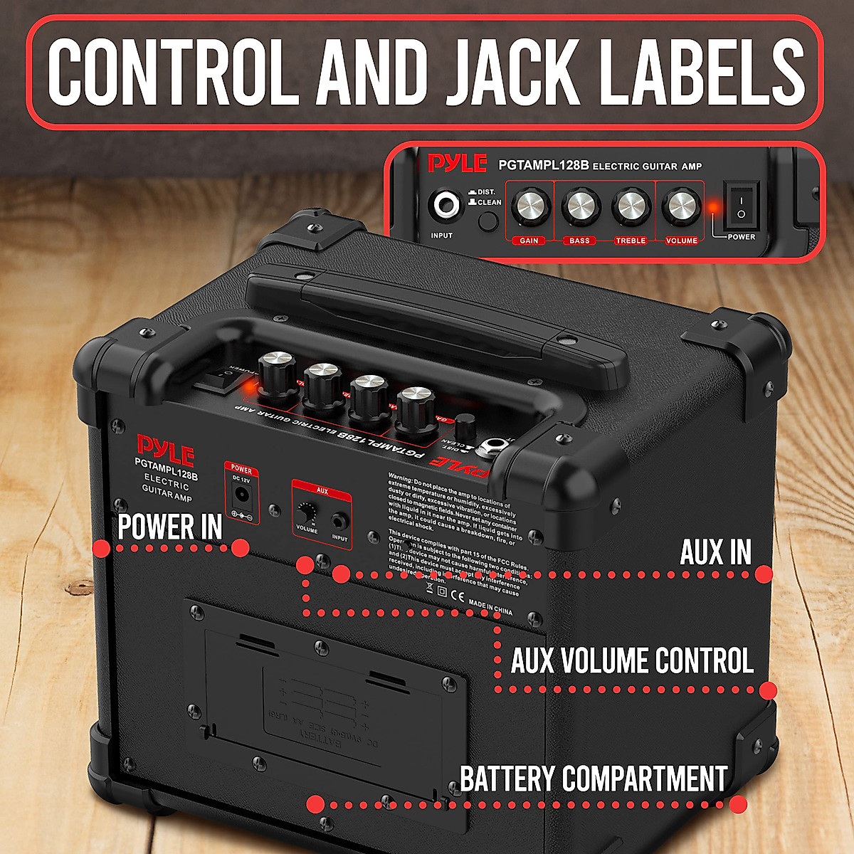 Pyle Portable Electric Guitar Amp, Battery or Wall Powered 10W Mini Amplifier with 5" High Definition Speaker, Distortion, Headphone Out, Carry Strap