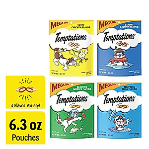 TEMPTATIONS Classic Crunchy and Soft Cat Treats Mega Pack, (5) 6.3 oz. Pouches