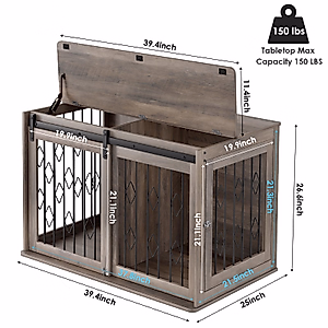 Clevich Large Dog Crate Furniture w/Sliding Barn Door, Wooden Indoor Dog Kennel w/Flip-top, 39.4'' Heavy Duty Modern Puppy Dog Cage End Table w/Detachable Divider for Small/Medium Pets (Oak Grey)