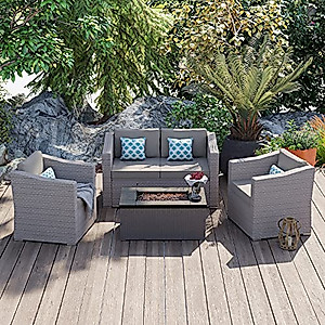 SUNBURY Outdoor 4-Piece Patio Furniture w Propane Fire Pit, Pearl Gray Rattan Conversation Set, 4 Blue Pillows w 32-inch Rectangle Wicker 40,000 BTU Fire Table w Glass Guard Fits 20 gal Tank Outside