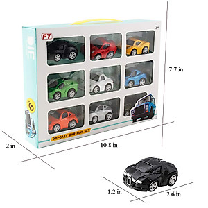 WISHTIME Pull Back Car Toy Set - 9 pcs Assorted Mini Die Cast Vehicle Friction Powered City Car Playset for Toddlers Kids Boys