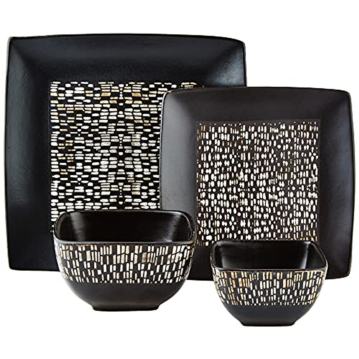 Elama Square Stoneware Pattern Dinnerware Dish Set, 16 Piece, Matte Black and Tan Tile
