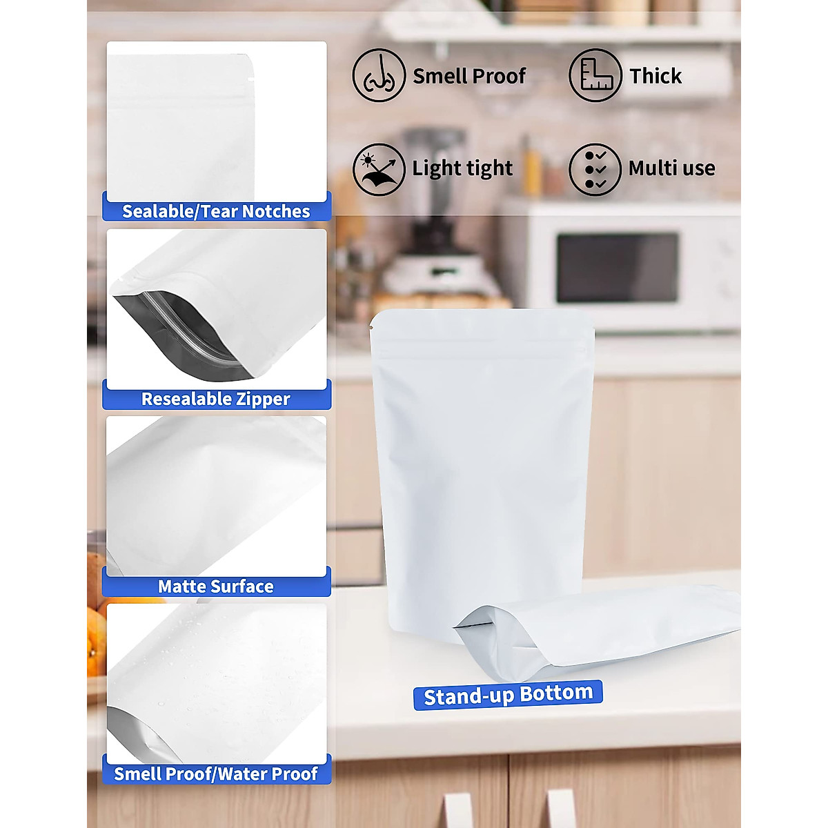 100 Pack Resealable Stand Up Bags,4.7" x 7.9" Smell Proof Pouch Sealable Foil Pouch Bags for Packaging (White)