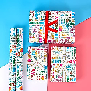 MAMUNU Happy Birthday Wrapping Paper for Kids Girls Boys Women Men, Gradient Light Color Happy Birthday Lettering Wrapping Paper Birthday, Gift Wrap Paper for Birthday Occasions, 6 Sheets, 17x30 Inch