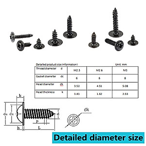 MEIYYJ 450pcs Phillips Truss Head Self Tapping Screws,M2.3 M2.6 M3 Pan Head with Washer Screw,Carbon Steel Self Drilling Screws.