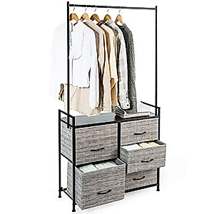 Tangkula Fabric Drawer Dresser w/Clothes Rack, Storage Organizer with Metal Frame and Wooden Top, Closet Organizers and 5 Storage Drawers for Clothes, Toys, for Hallway, Bedroom (Gray)