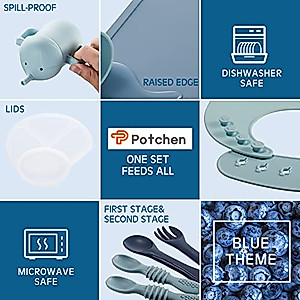 Potchen Baby Led Weaning Supplies Baby Feeding Set Toddlers Silicone Divided Suction Plate Suction Bowl, Adjustable Bib, First Stage Spoon Fork, Placemat, Straw Cup Infant Self Eating Utensil (Blue)