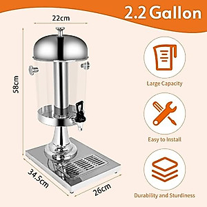 Stainless Steel Beverage Dispenser, Drink Machine for Parties, Hot Cold Drink Dispenser with Ice Core Container, Drip Trays and Spigot for Buffet Catering Cold Drinks and Beer(8L)