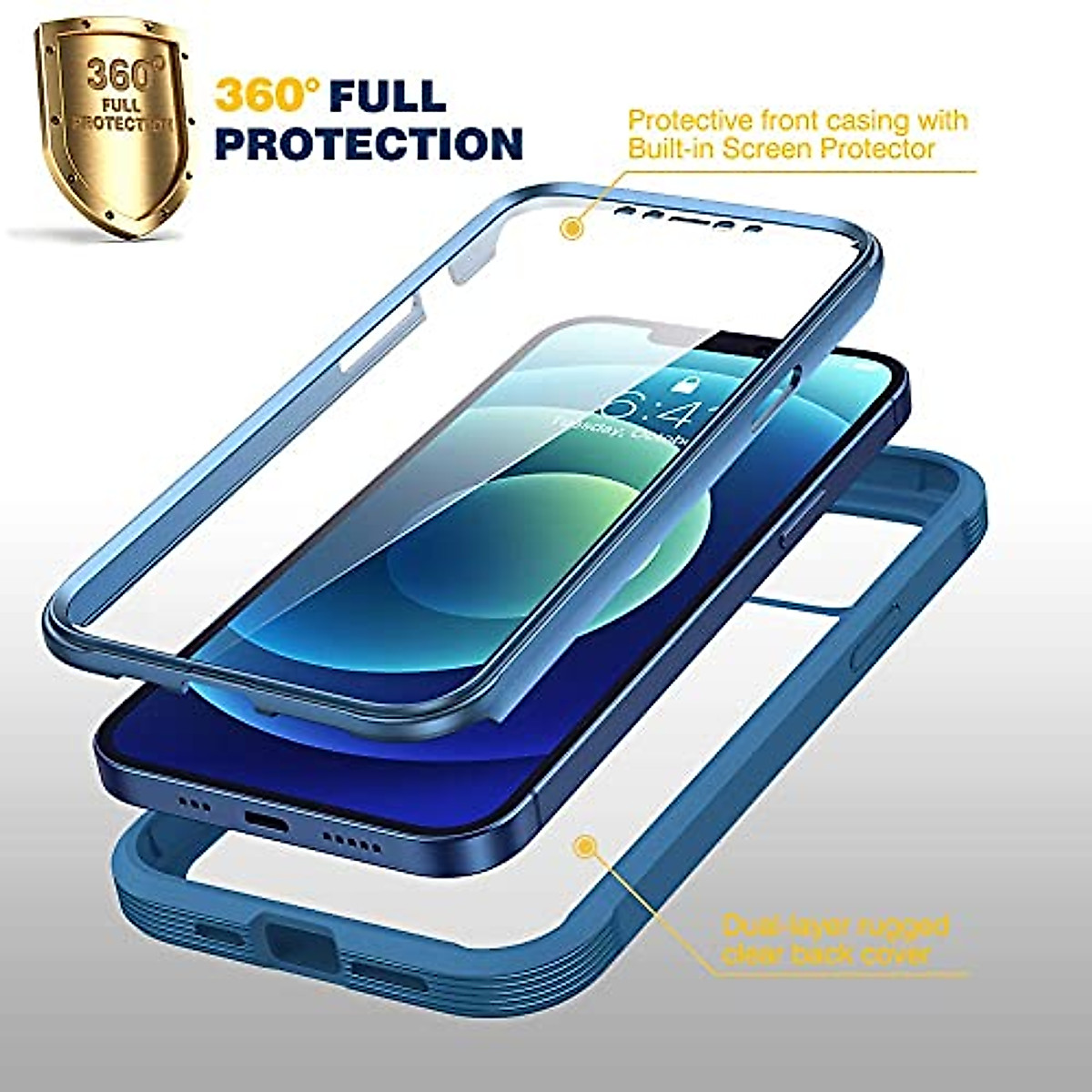 Diaclara Designed for iPhone 12/12 Pro Case, Full Body Rugged Case with Built-in Touch Sensitive Anti-Scratch Screen Protector, Soft TPU Bumper Case for iPhone 12/12 Pro 6.1" (Blue and Clear)