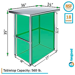 AmGood Stainless Steel Work Table Open Base | NSF Kitchen Island Food Prep | Laundry Garage Utility Bench (36" Long X 24" Deep)