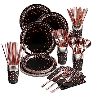 HOMIX Black and Rose Gold Party Supplies - Rose Gold Dot on Black Paper Plates Napkins Straws and Cups Silverwares Serves 25 for Wedding Bridal Shower Birthday Bachelorette Party Decorations