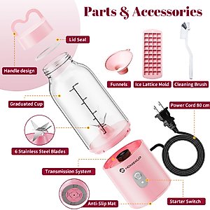 Portable Personal Blender 17 OZ/500 ML Juicer, 175W Personal Size Blender, Ideal for Smoothies, Ice Blending, Juicing, and Food Processing, Compact, Convenient, and Versatile (Pink)