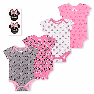Disney Minnie Mouse Baby Girls’ Bodysuit 4 Pack with 0-12 Milestone Stickers Pack for Newborn and Infant
