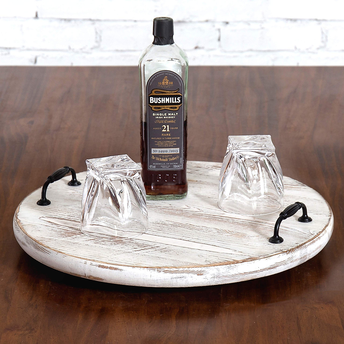 MyGift 18-Inch Whitewashed Wood Turntable with Metal Handles - Lazy Susan Kitchen Serving Spinning Tray