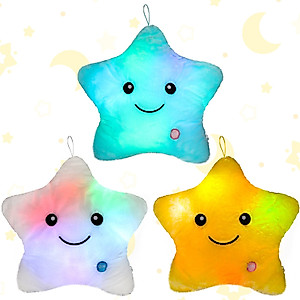 Unittype 3 Pack Star Pillows Lighted Star Plush Pillows 15.75 Inch Stuffed Cushion Decorative Throw Pillow Star Shaped Pillow Blue White Yellow Star Pillow for Birthday Gifts Bedroom Room Home Office