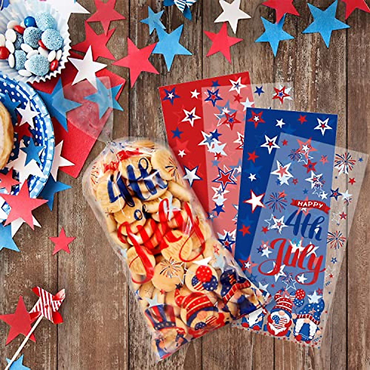 100Pcs Patriotic Decorations 4th of July Party Cellophane Treat Bags,Red Blue Stars Plastic Goodie Bags Candy Favor Bags with Silver Twist Ties for American Patriotic Day Veterans Day Party Supplies