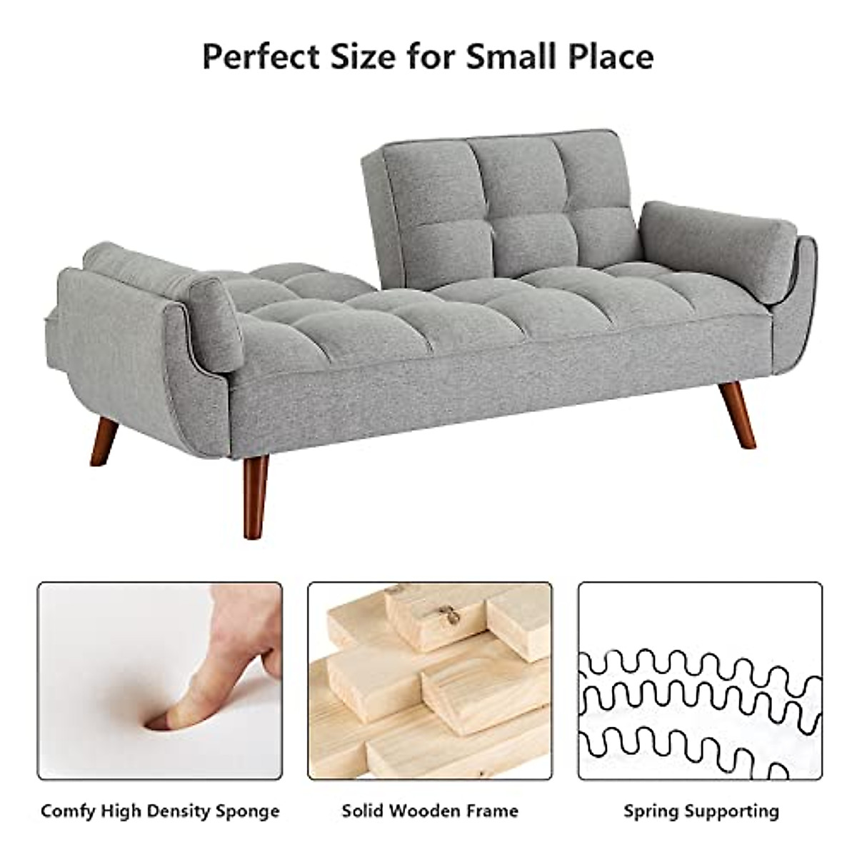 Betoko Convertible Futon Sofa Bed Sleeper Twin Size, Modern Reclining Linen Split Back Sofa Couch with Pillow Top Arm for Compact Living Room,Apartment (Grey)
