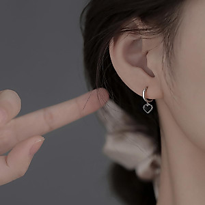 SLUYNZ 925 Sterling Silver Black Heart Hoop Earrings for Women Love Heart Hoop Earrings Huggie (A-Silver)