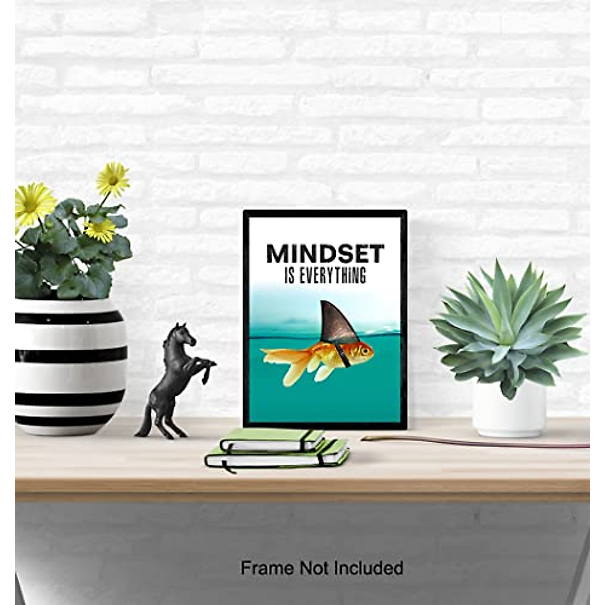 Mindset is Everything - Motivational Wall Art Poster for Home, Office - Gift for Entrepreneur, Student, Men, Teens - Inspirational Decor - Uplifting Self-Improvement Positive Quote - Shark Goldfish