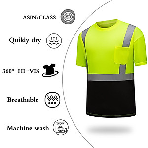 DPSAFETY High Visibility Shirts Quick Dry Safety T Shirts with Reflective Strips and Pocket Short Sleeve Mesh Hi Vis Construction Work Class 2 Shirt for Men/Women Black Bottom Lime,Medium