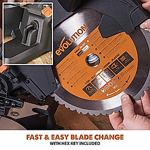 Evolution Power Tools R255SMS+ PLUS 10-Inch Sliding Miter Saw Plus Multi-Material Multi-Purpose Cutting Cuts Metal, Plastic, Wood & More 0˚ - 45˚ Bevel & 50˚ - 50˚ Miter Angles TCT Blade Included
