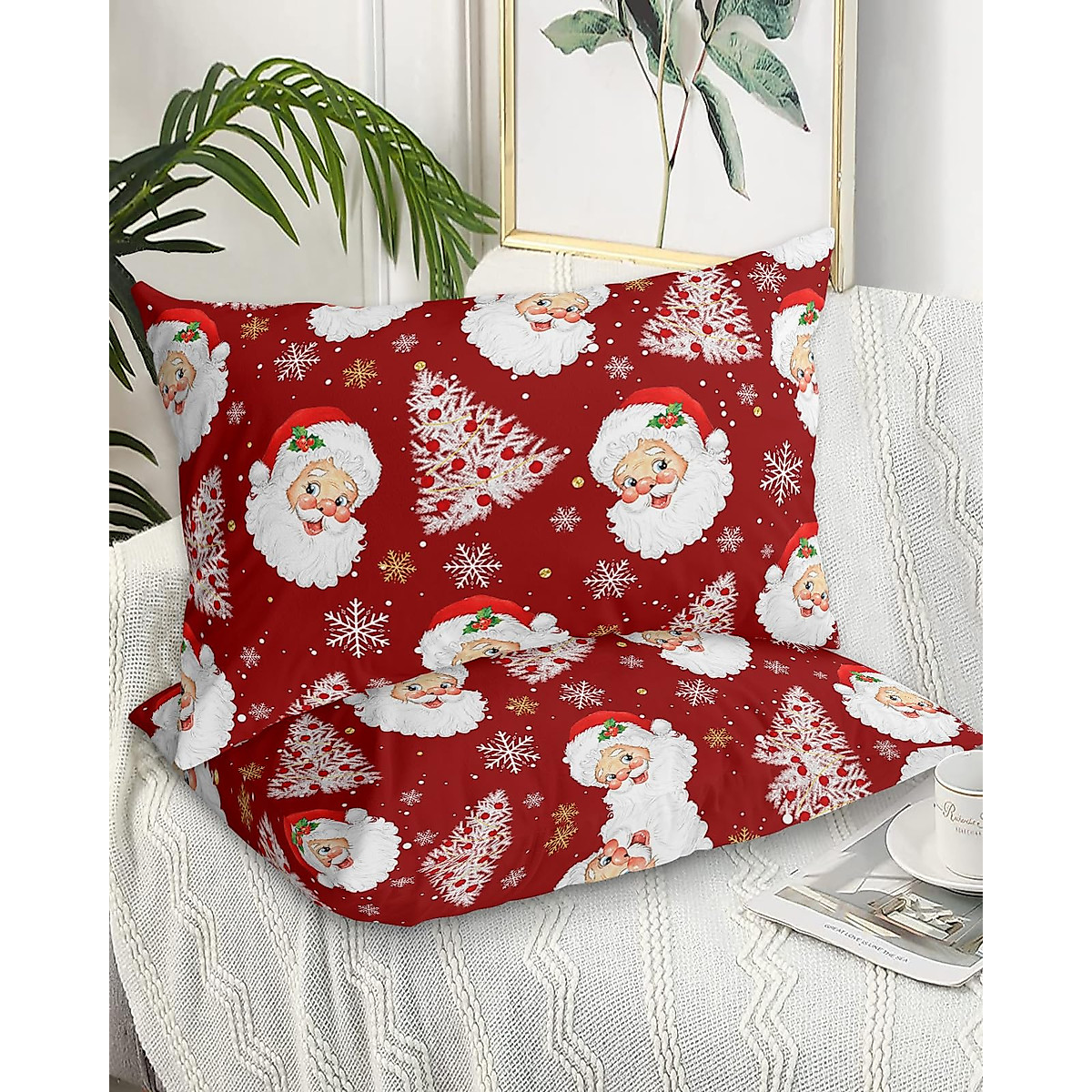 Edwiinsa Christmas Santa Pillow Covers King Standard Set of 2 20x36 Bed Pillow, Plush Soft Comfort for Hair/Skin Cooling Pillowcases with Envelop Closure Throw Covers Red Xmas Tree Gold Snowflake