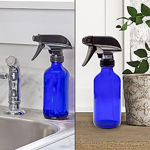 Cornucopia 8-Ounce Cobalt Blue Glass Boston Round Spray Bottles (2 Pack) 3-Setting Heavy Duty Sprayers, Empty Refillable Bottle for Essential Oil Blends, DIY Cleaning & More