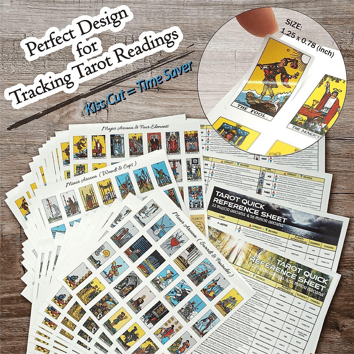 Joyppy Mini Tarot Stickers for Journaling - 1008 PCS Tarot Card Stickers Based on Rider Waite Tarot Deck - 1.25" x 0.78" - Clear Printing & Glossy Finish – 4 Tarot Cheat Sheets Included
