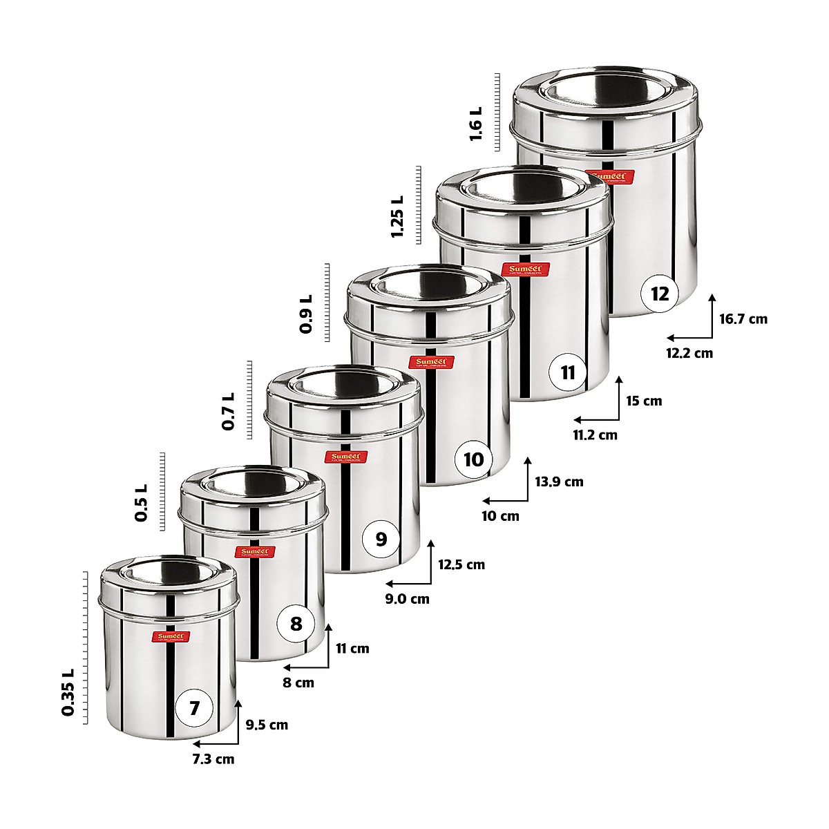Sumeet Stainless Steel Vertical Canisters/Ubha Dabba/Storage Containers Set of 6Pcs (350ML, 500ML, 700ML, 900ML, 1.25Ltr, 1.6Ltr)