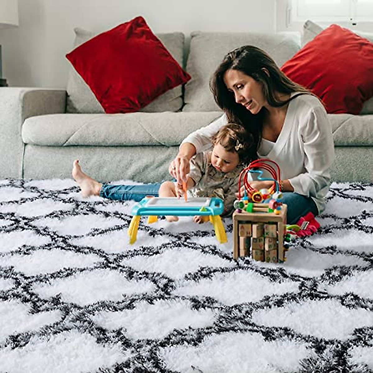 Unirea 8x10 Feet Luxury Shag Area Rug Modern Indoor Plush Fluffy Rugs, Super Soft and Fuzzy Carpet, Geometric Moroccan Rugs for Bedroom Living Room Girls Kids Nursery, Grey/White