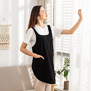 Cotton Cross Back Aprons Solid Color Cooking Kitchen Garden Smock for Women Girls with Pockets (Black, 37Wx 32L)