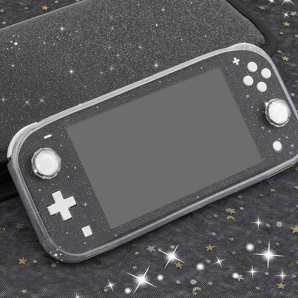 BelugaDesign Glitter Switch Bundle | Clear Snap on Case, Vinyl Wrap, Crystal Thumb Grips | Shiny Cute Pastel Accessories | Compatible with Nintendo Switch (Switch Lite, Black)