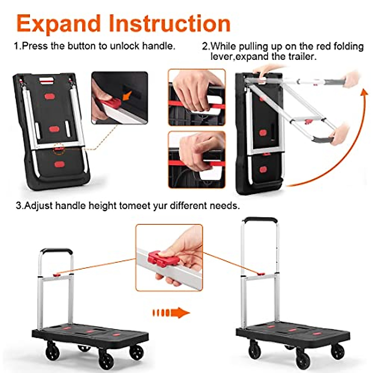 Double Rhombus Folding Hand Truck Platform Truck 330 Lbs Heavy Duty Dolly Cart with Wheels, Fully Folded Push Cart, Portable Trolley Utility Cart for Easy Storage, Garage Moving Shopping Home Office