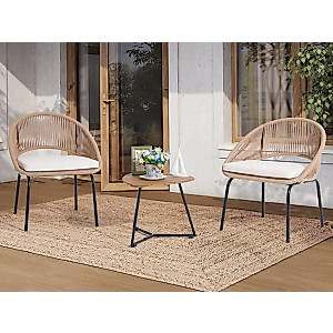 Yangming Patio Furniture Set, 3 Piece Outdoor Bistro Chair Conversation Sets Woven Rope with Wood Coffee Table for Yard Backyard Lawn Garden Porch Backyard Deck Poolside Balcony