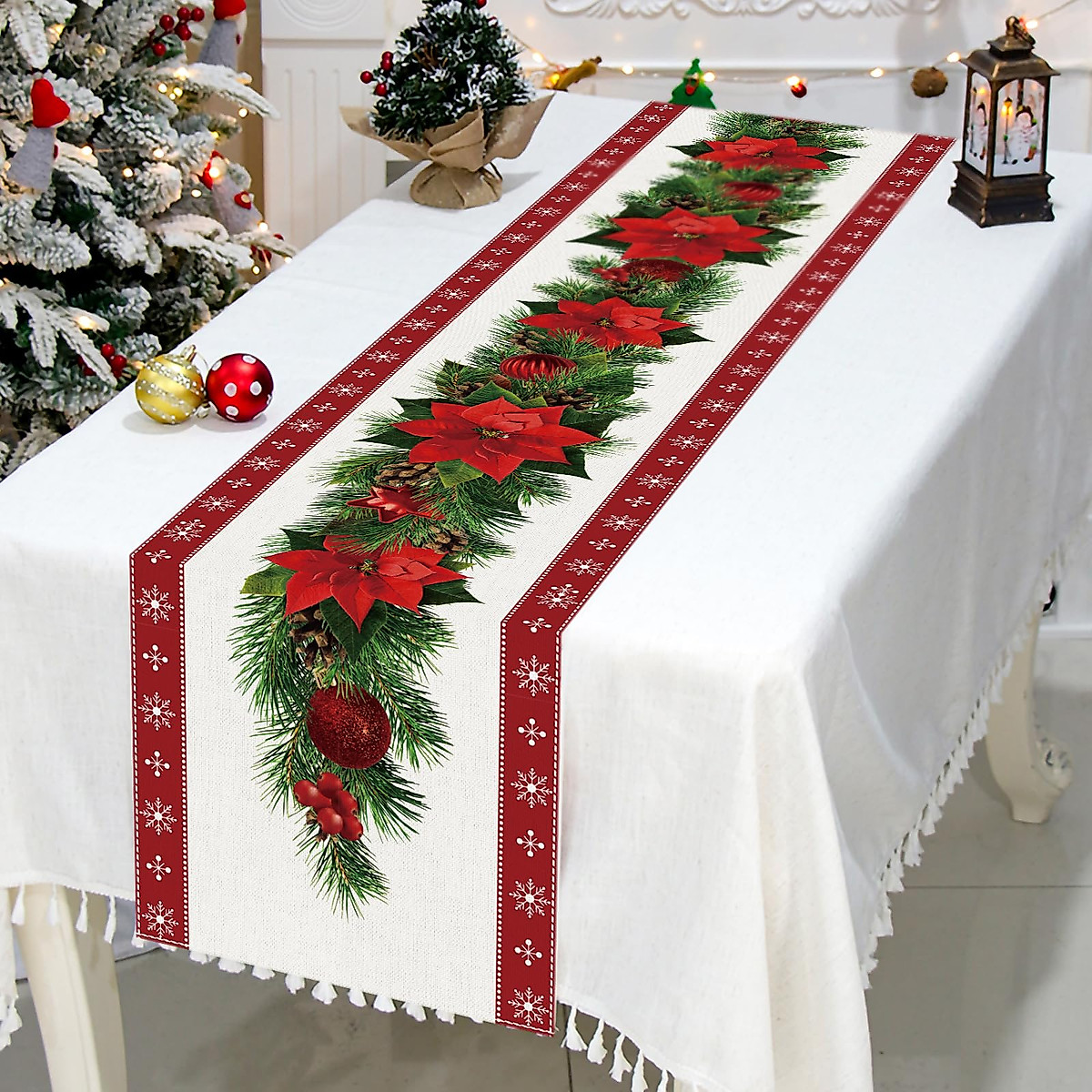 Netnology Watercolor Poinsettia Red Christmas Table Runner with White Snowflake,Seasonal Winter Xmas Party Decoration Holiday Indoor Home Kitchen Decor 13 x 72 Inch
