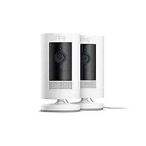 Ring Stick Up Cam Plug-In HD security camera with two-way talk, Works with Alexa – White – 2-Pack