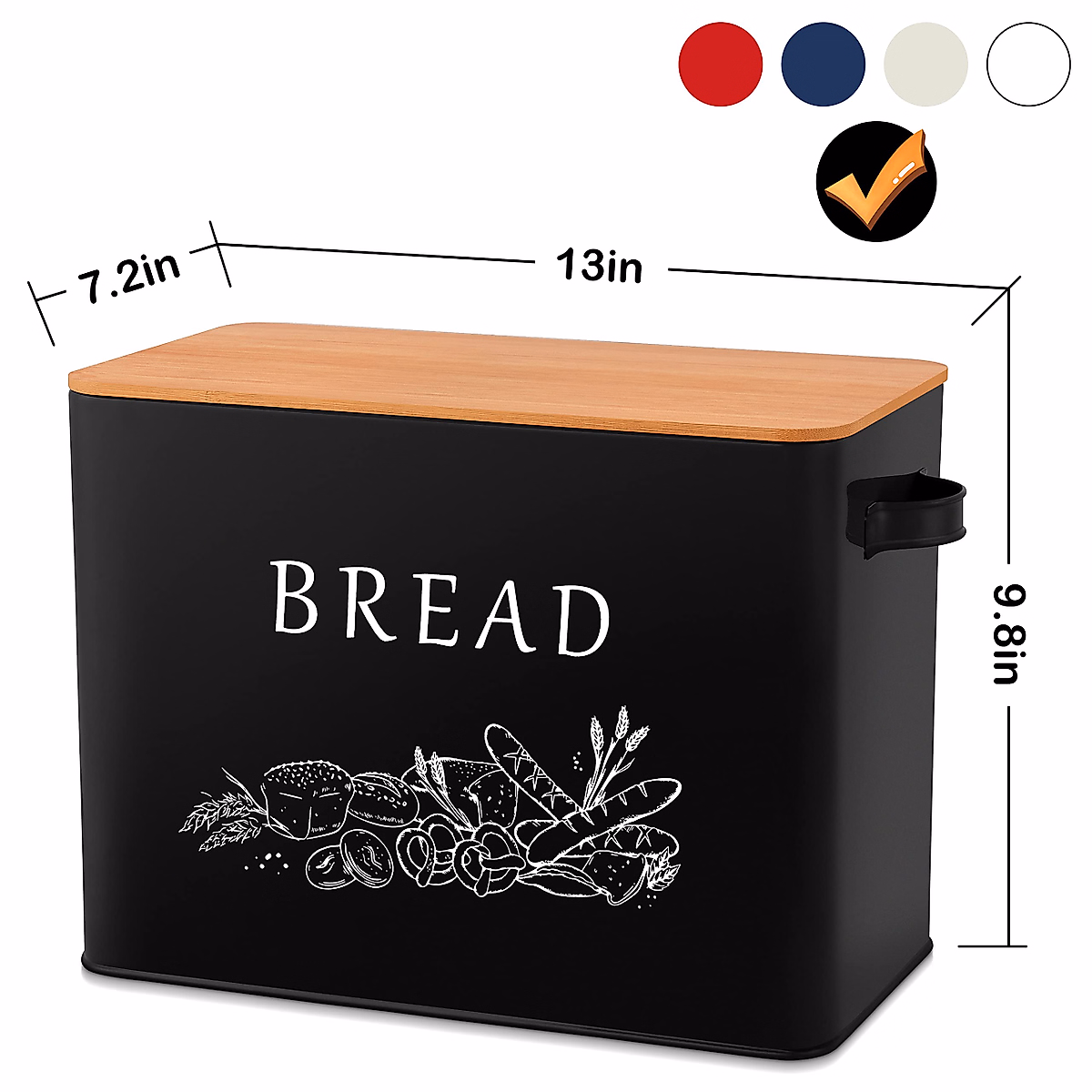 E-far Bread Box for Kitchen Countertop, Metal Bread Storage Container Bin with Bamboo Lid for Cutting Bread, Extra Large & Farmhouse Style, 13” x 7.2” x9.8”, Black