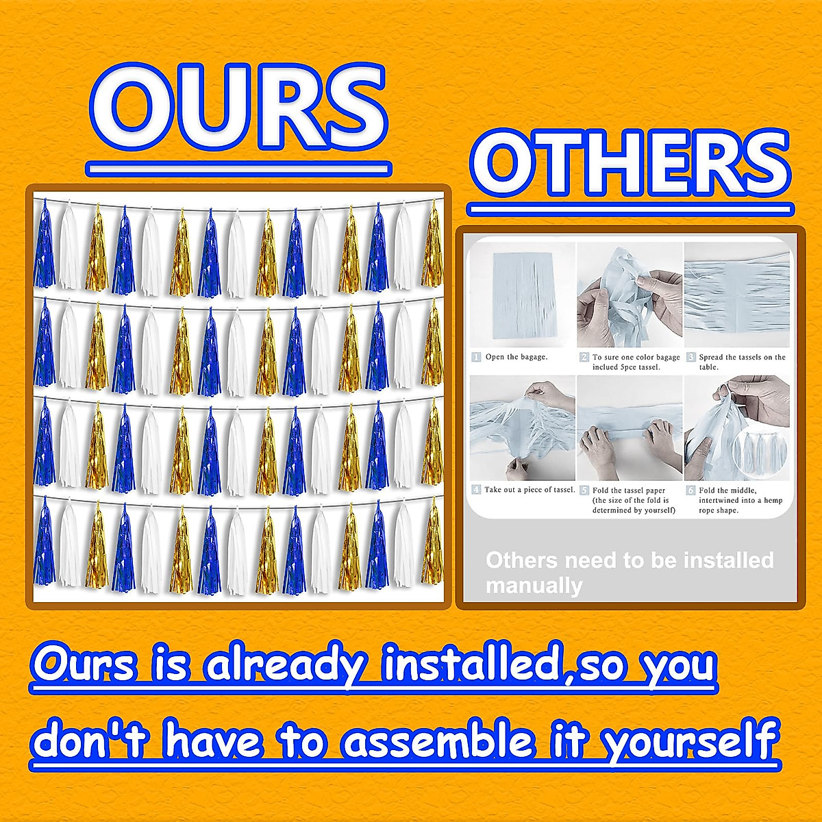 4 Pack Navy-Blue White and Gold Foil Fringe Tassel Banner Garland Metallic Tinsel Streamers Wall Hanging Curtain Backdrop Banners for Parade Floats, 2024 Graduation, Retirement Party Decoratio