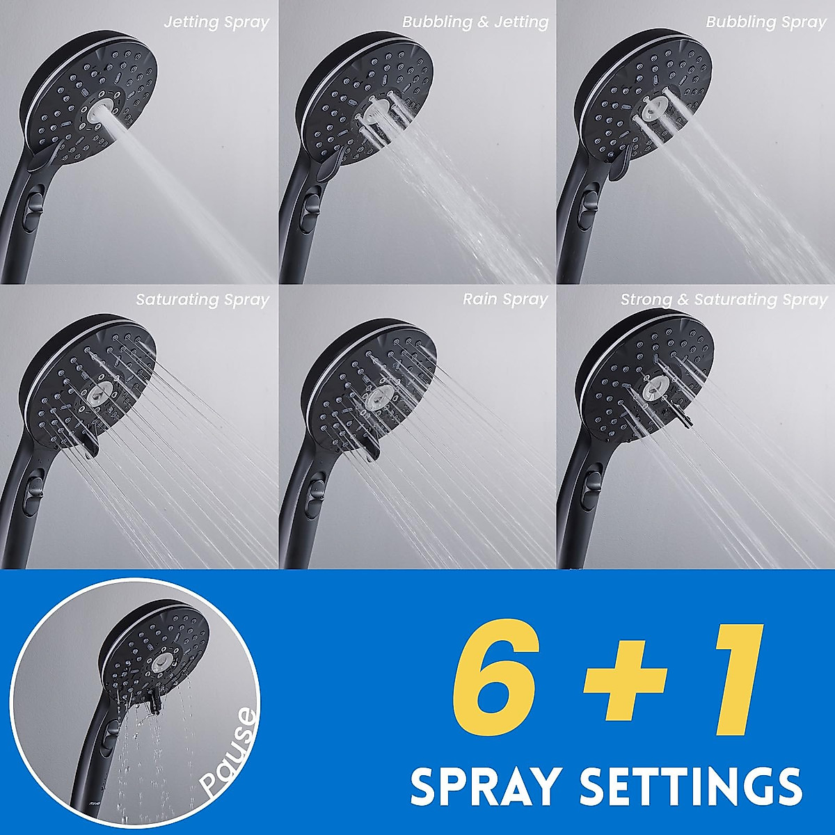 Ryamen Dual Shower Head Combo, Black 8'' High Pressure Rain/Rainfall Shower Head,5 Settings Adjustable Handheld Showers,with 15" Height Adjustable Slide Bar,Holder/59’‘ Hose