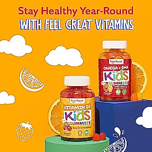 Feel Great Kids Vitamin D3 1000 IU Gummies | Kids Vitamin D Gummies for Healthy Bones, Mood, & Immune Support | Citrus Flavored Vegetarian D3 Gummies | 90 Day Supply
