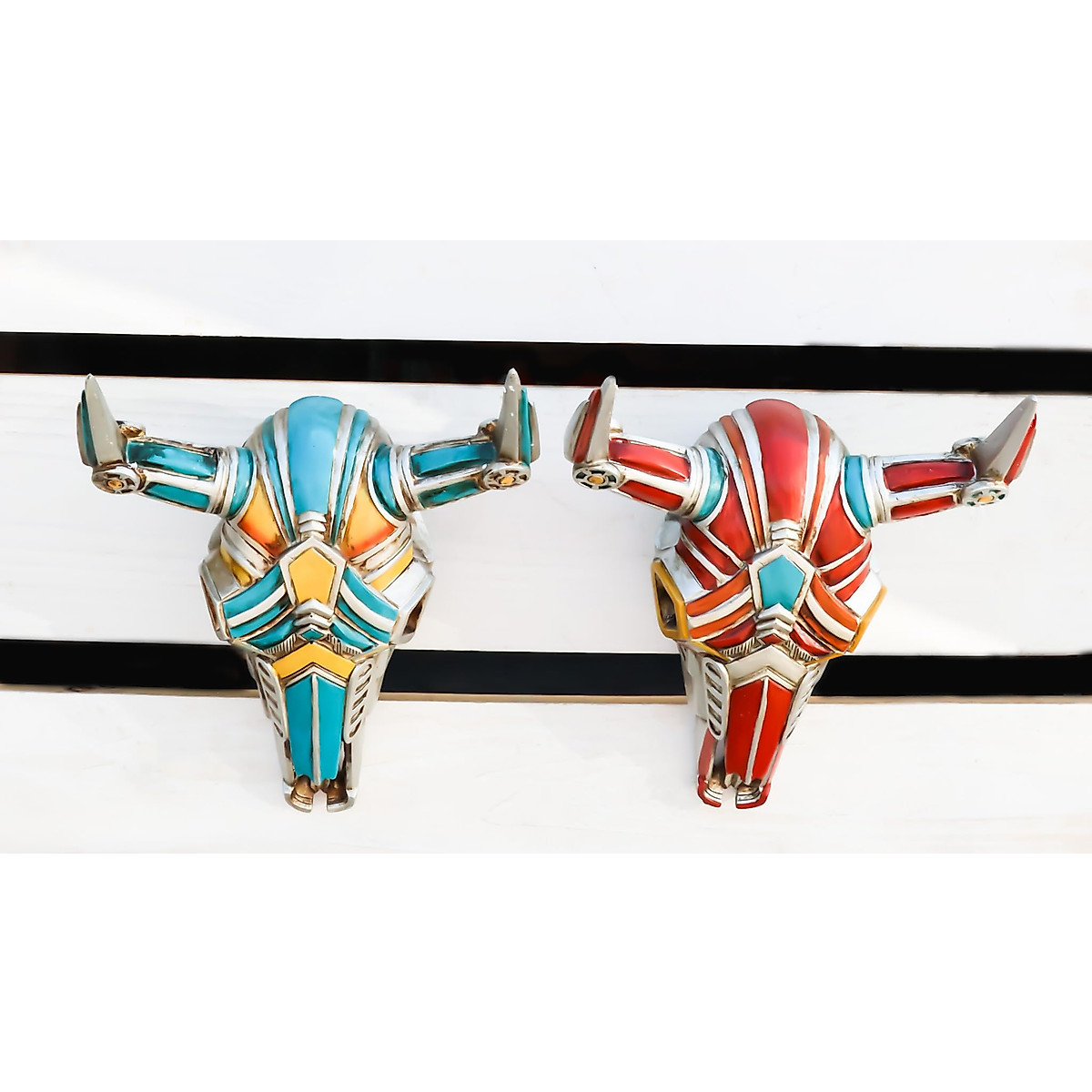 Ebros Gift Set of 2 Red and Blue Western Robotic Cyborg Horned Cow Skull 10" H Wall Decor Sculptures Wildlife Bisons Bulls Spirit Totem Accent Sculpture