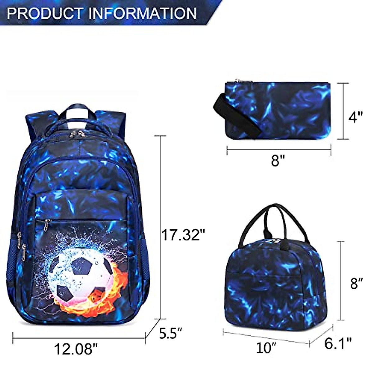 LEDAOU Backpack for Kids Boys School Bags Teen Bookbags Set School Backpack with Lunch Box and Pencil Case (Soccer Ball)