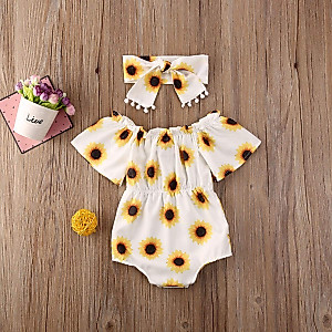 Kuriozud Baby Girl Sunflower Romper Newborn Infant Off Shoulder Bodysuit One Piece Summer Clothes (Sunflower White + Headband, 0-6 Months)